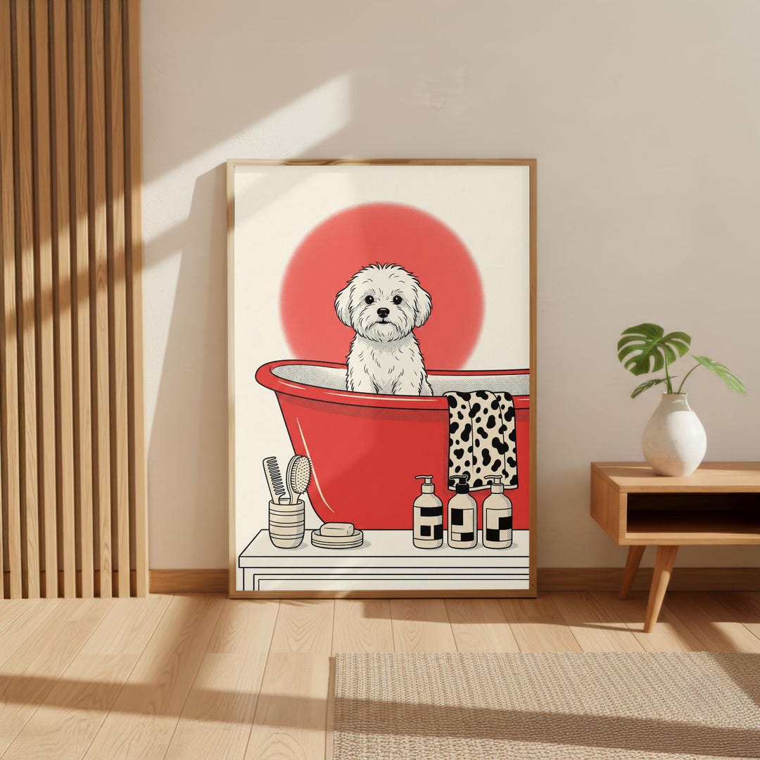 Red Sun Bath Puppy Poster | Cute Bathroom Dog Wall Art Print | Vintage ...