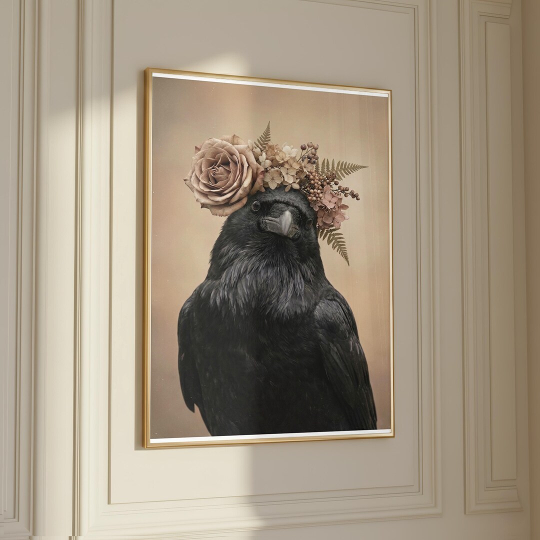 Rose Crown Raven Poster | Dark Botanical Bird Wall Art Print | Gothic ...