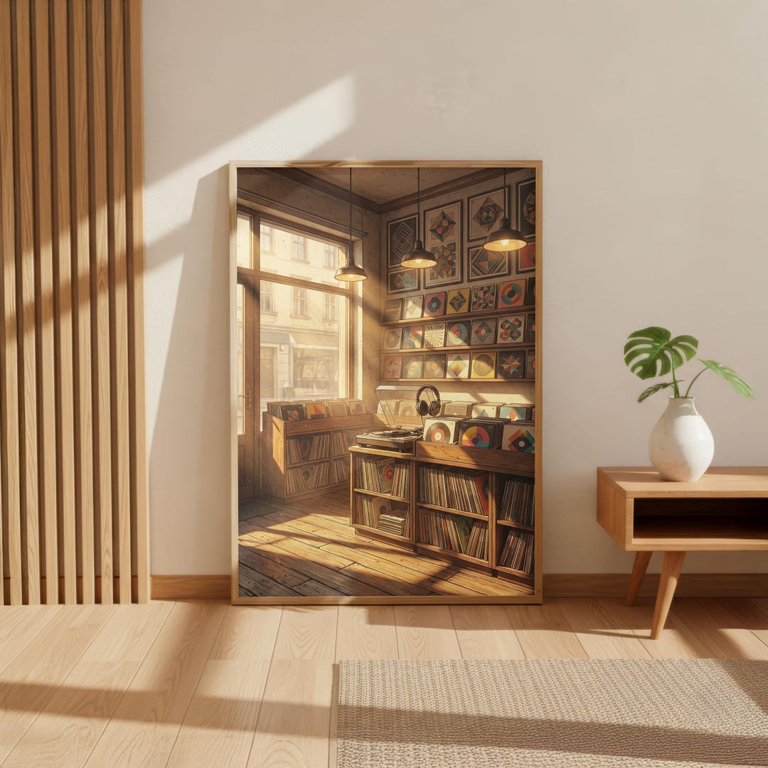 Record Store Poster | Cozy Vinyl Shop Wall Art Print | Sunbeams in ...
