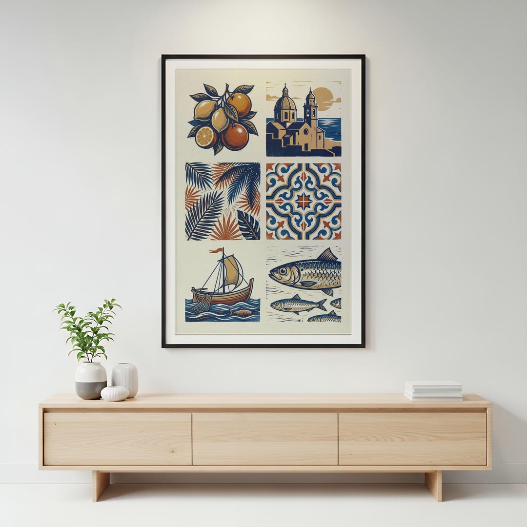 Mediterranean Icon Grid Poster | Vintage Linocut Coastal Wall Art ...