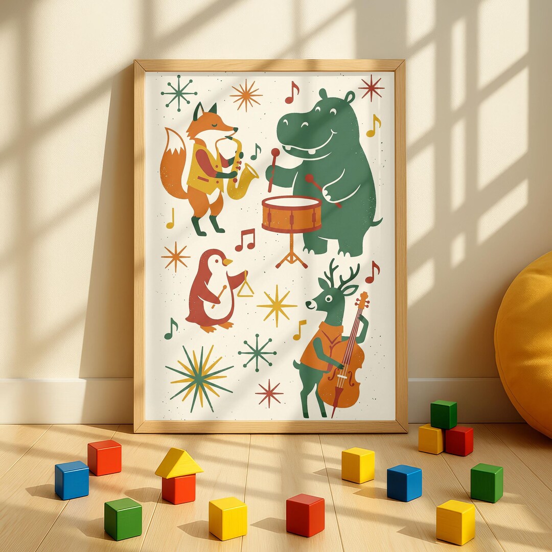 Woodland Jazz Band Poster | Cute Animal Music Wall Art Print | Fox Bear ...