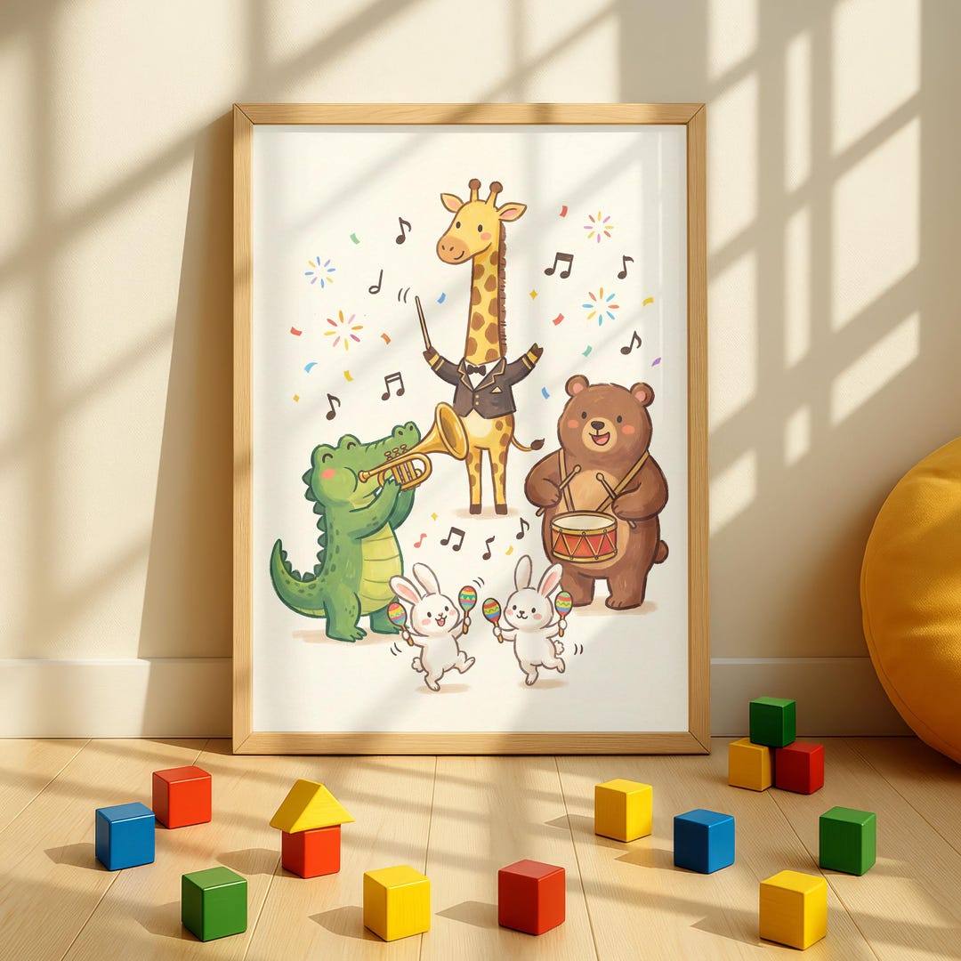 Animal Parade Music Jam Poster | Cute Kids Room Wall Art | Giraffe Croc ...