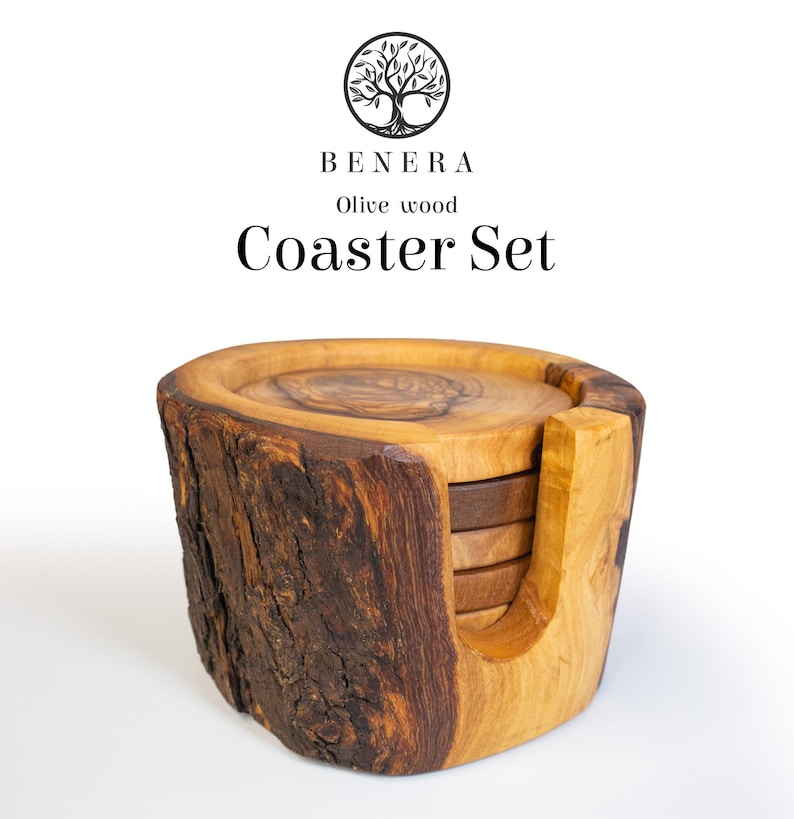 Olive Wood Coaster Set With Bark Edge Holder, Rustic Tunisian Drinkware ...