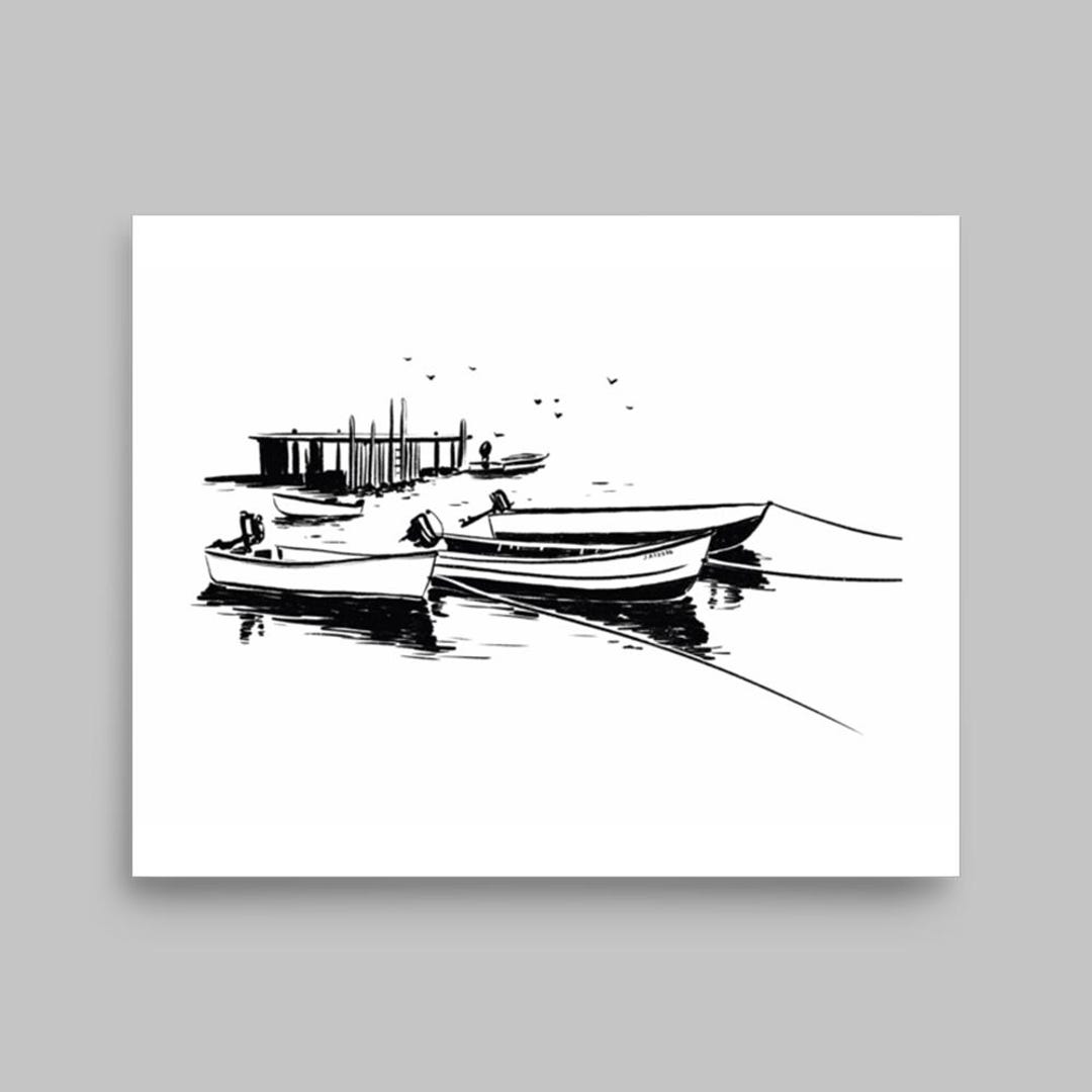 Coastal Illustration Art Print | Tied Boats in Harbour Drawing | Black ...