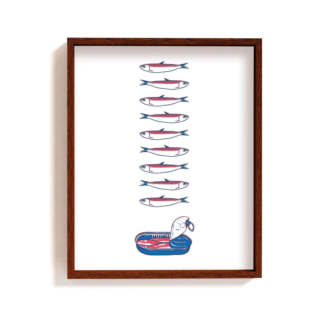 Framed Sardine Fish and Open Can Poster | Seafood Illustration Print ...
