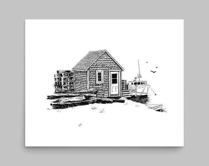 Coastal Illustration Art Print | Lobster Fishing Shack With Wharf Boat ...
