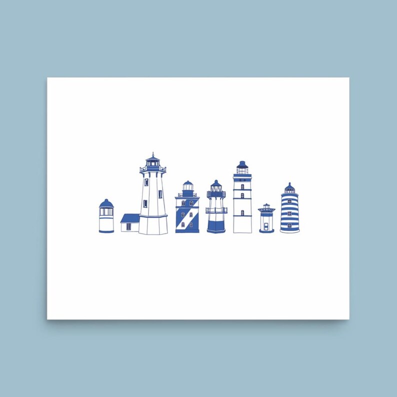 Blue Maine Lighthouses in a Row Poster | Coastal Illustration Print ...