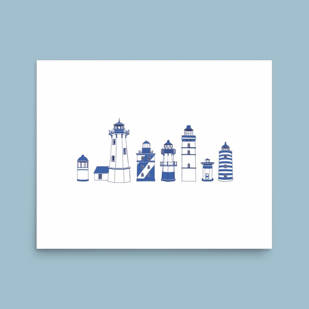 Blue Maine Lighthouses in a Row Poster | Coastal Illustration Print ...