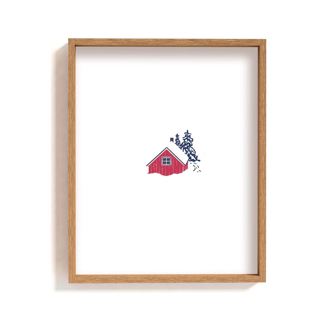Framed Red Cabin Snow Art Print | Christmas Minimalist Illustration ...