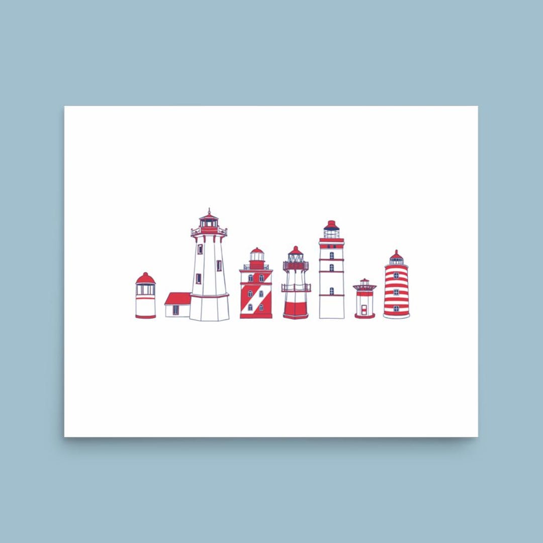 Red Maine Lighthouses in a Row Poster | Coastal Illustration Print ...