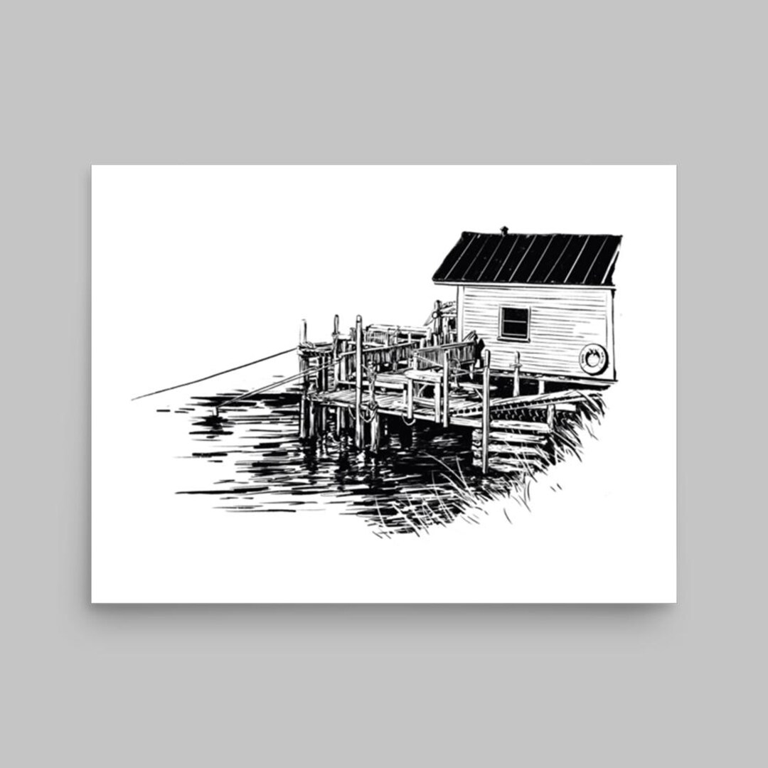 Coastal Harbour Wharf House Illustration Art Print | Black & White ...