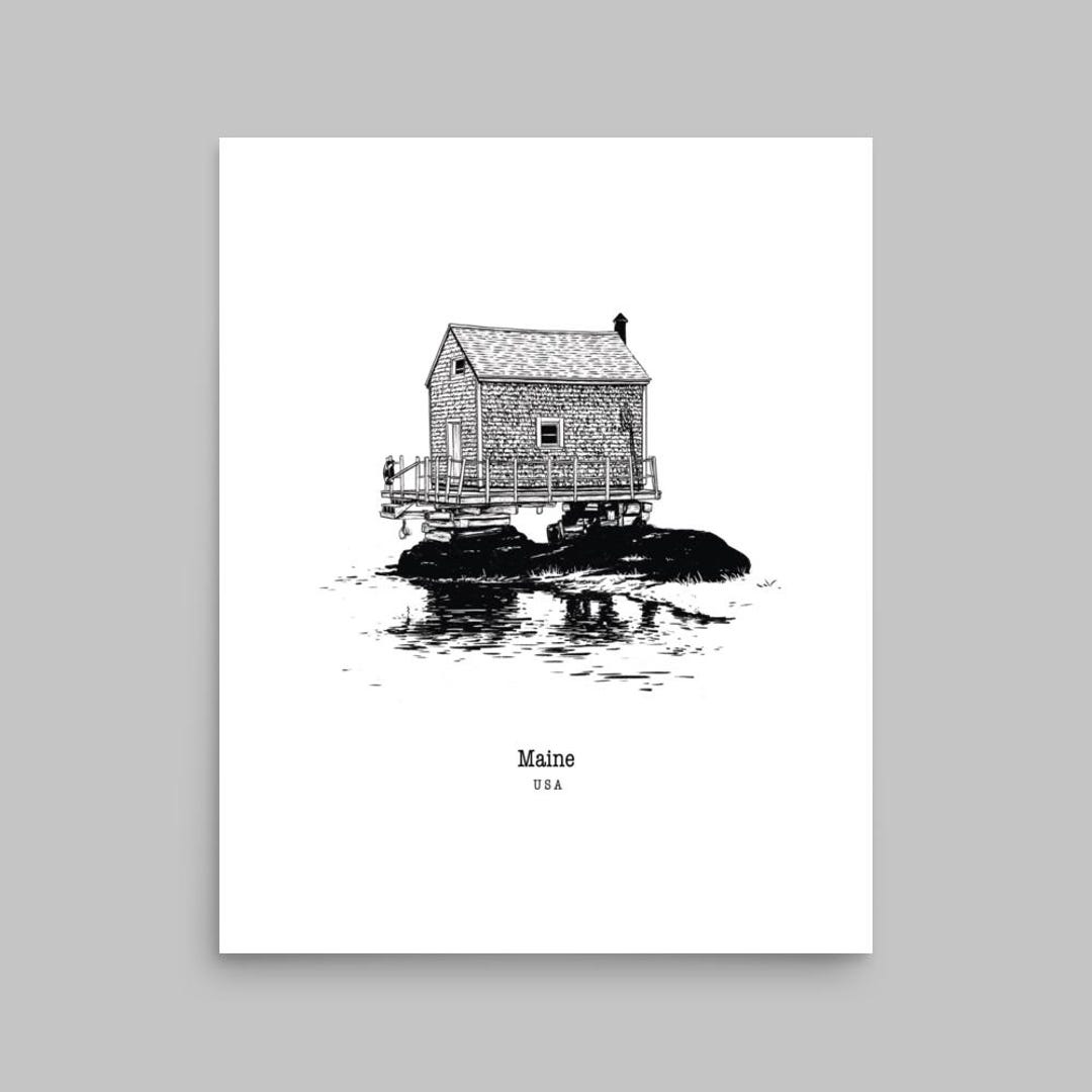 Maine Drawing, Coastal Wharf Illustration Print, Maine Lobster Fishing ...