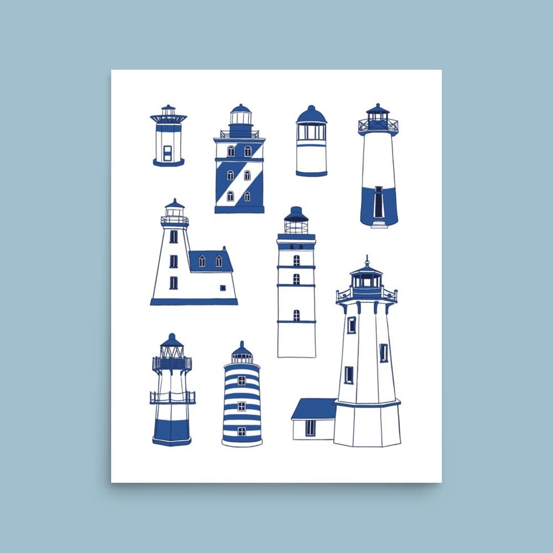 Blue Lighthouse Assortment Illustration | Coastal Wall Decor | Maine ...