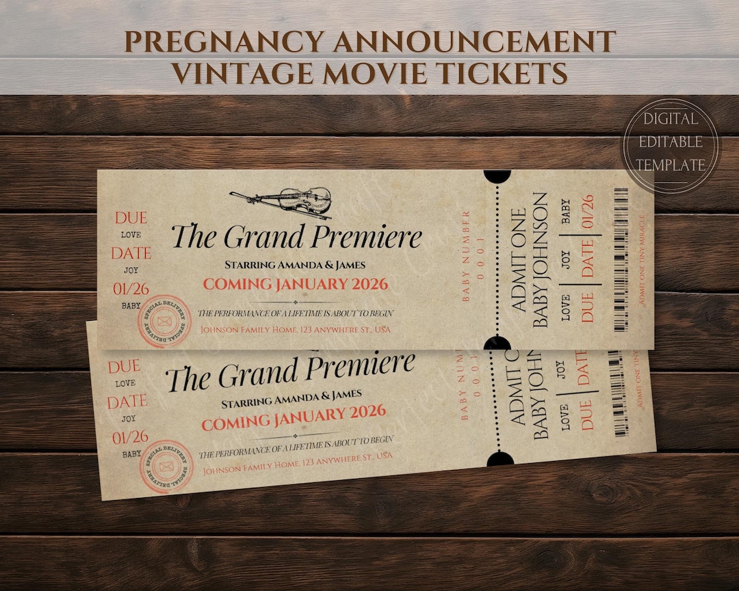 Pregnancy Announcement Movie Ticket Editable Template Custom Baby ...