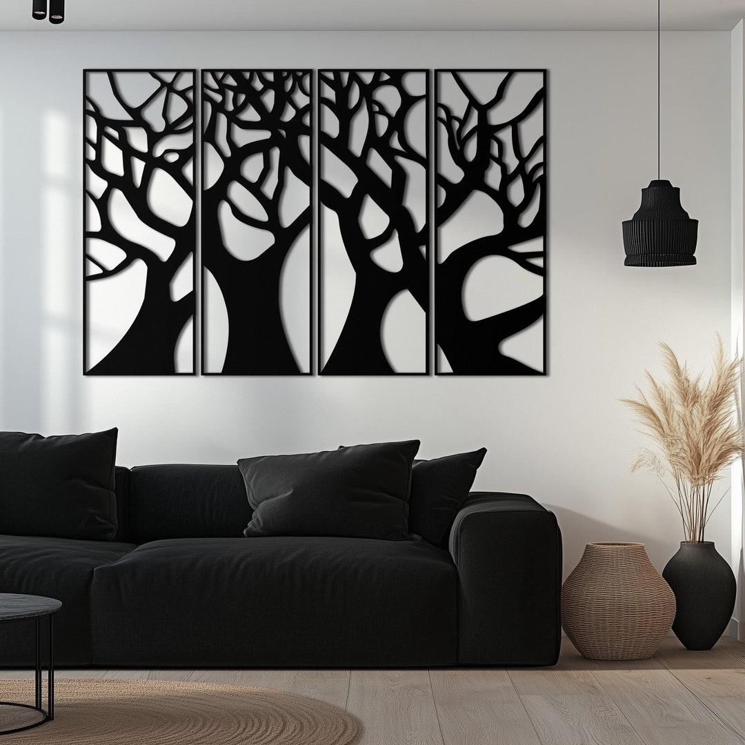 Modern Black Tree Design Four-panel Metal Wall Art - Large Minimalist ...