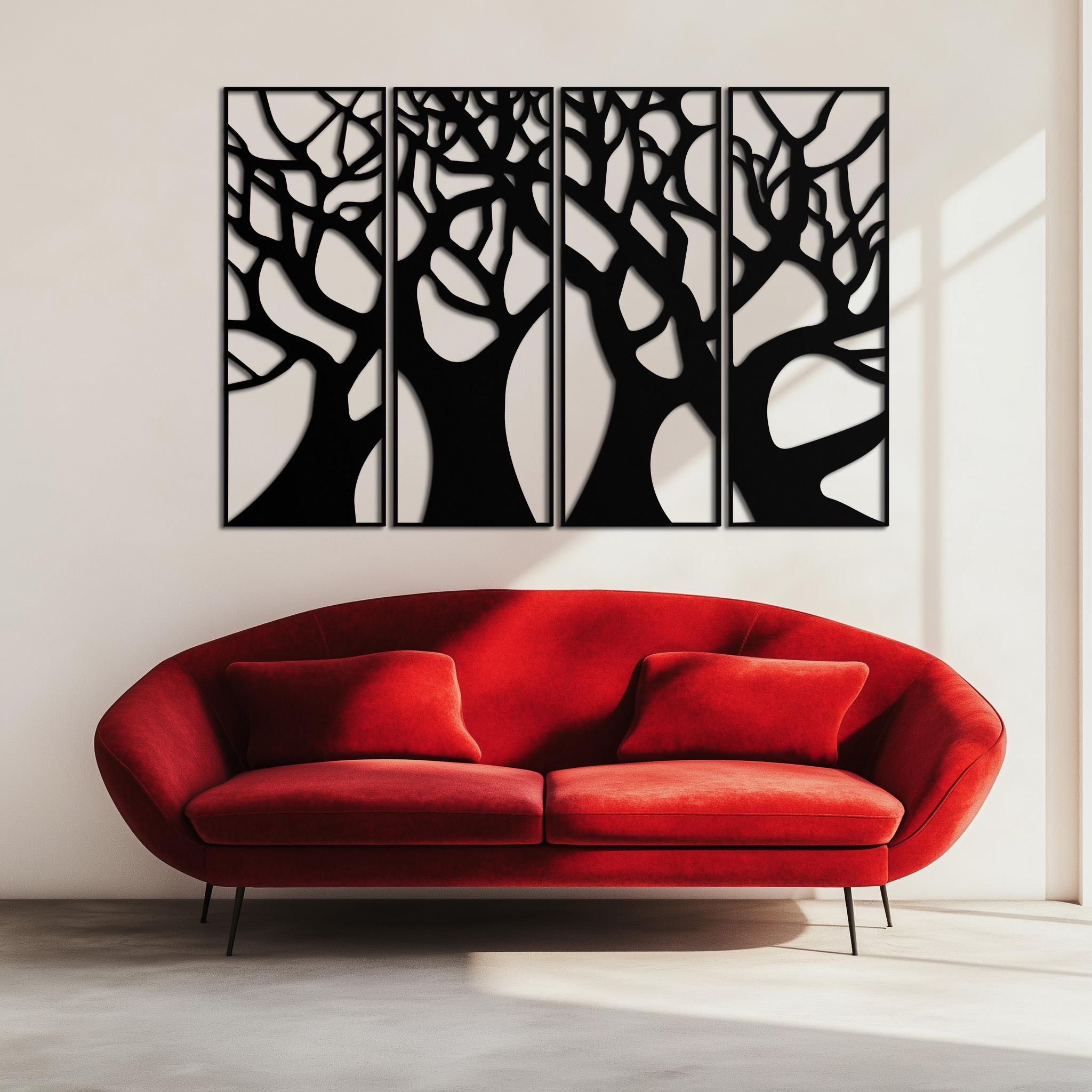 Modern Black Tree Design Four-panel Metal Wall Art - Large Minimalist ...