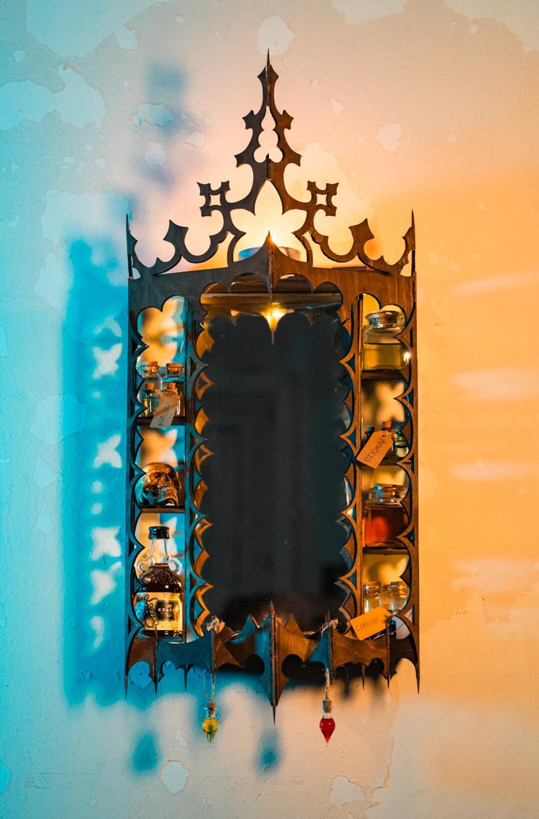 LURKING GLASS B Gothic Wall Mirror With Display Shelves, Wood Accent - Etsy
