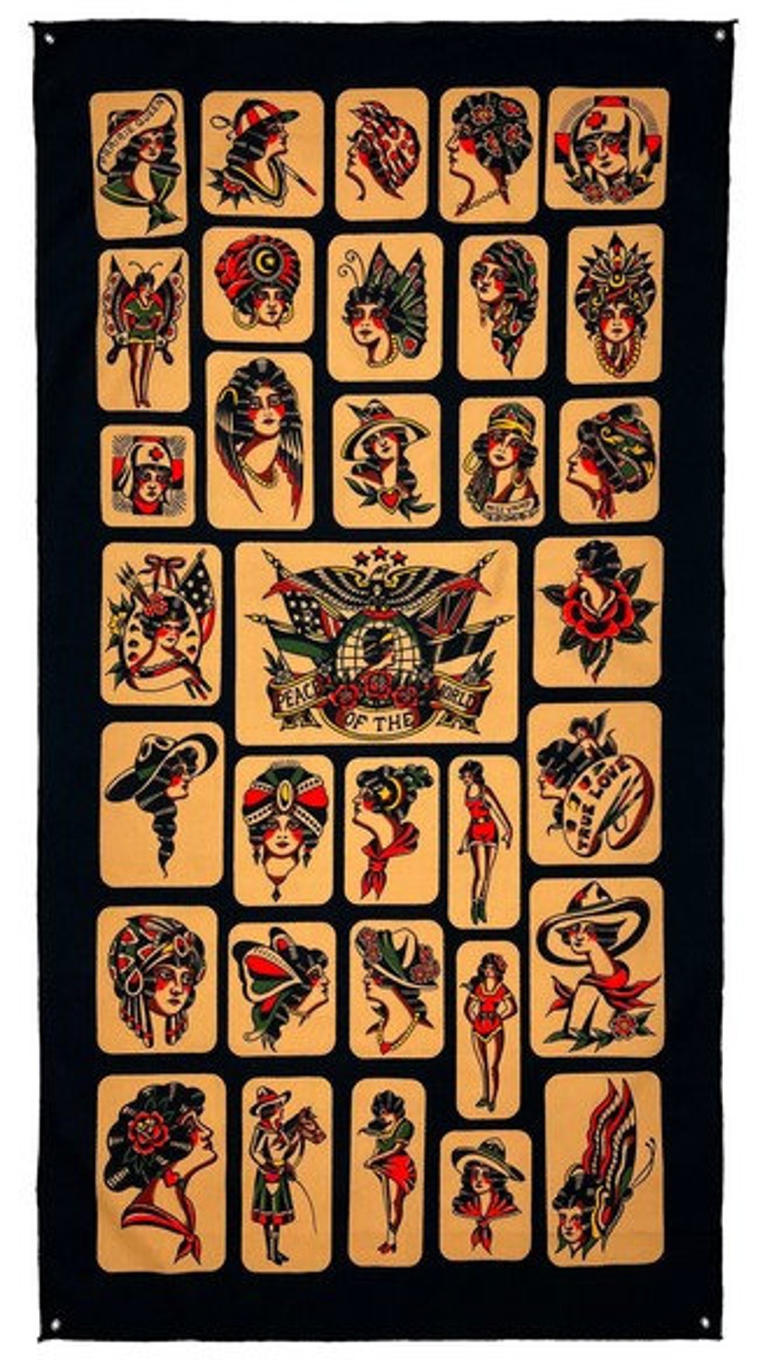 Percy Waters Girl Head Tapestry | Traditional Tattoo Design Banner ...