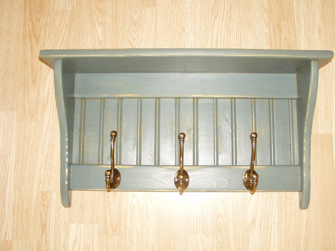 Distressed Blue Coat Rack With Shelf: Antique Brass Hooks, 24" - Etsy