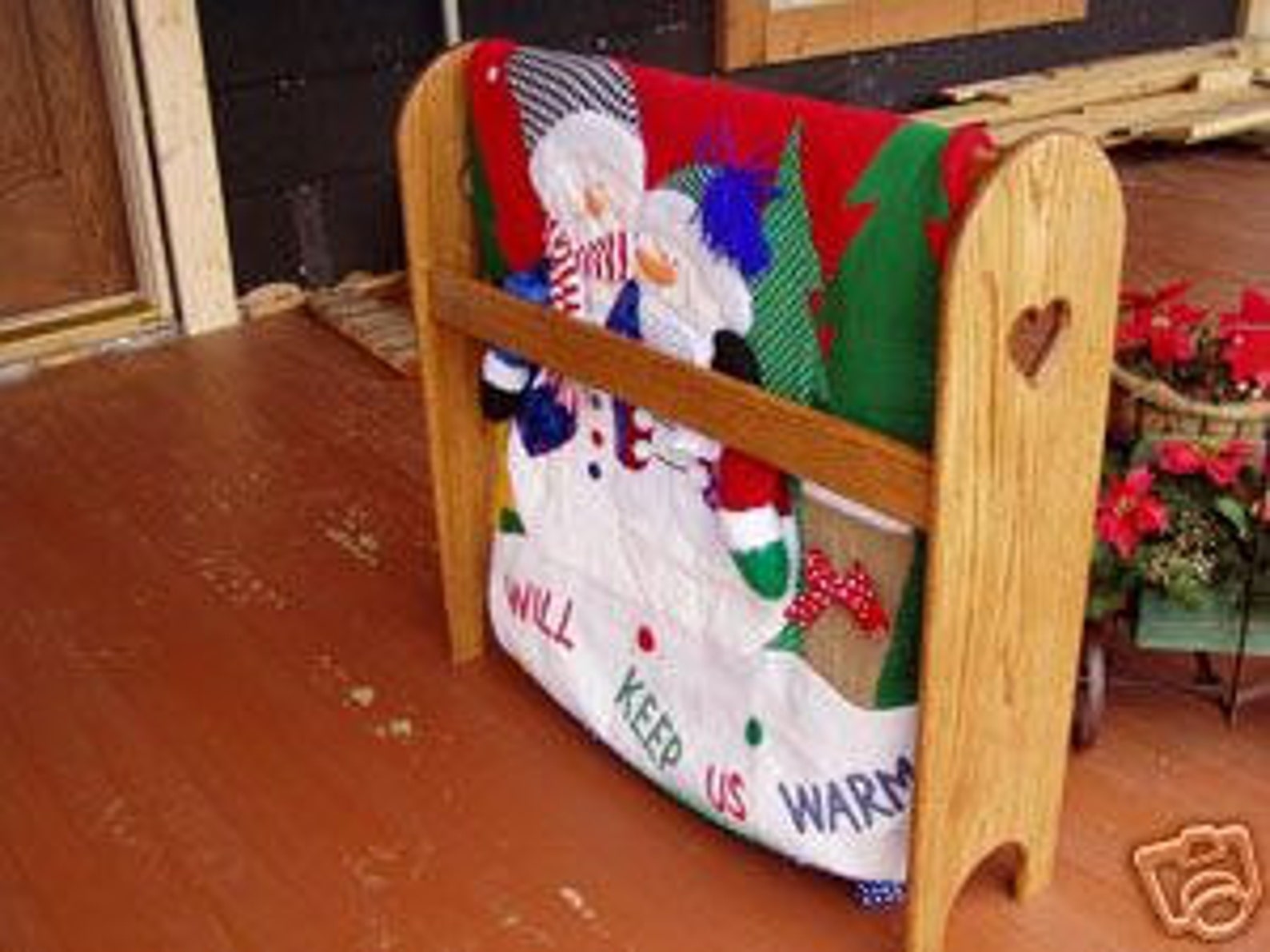 Solid Oak Amish Quilt Rack: Standing Blanket Hanger With Heart Cutouts ...