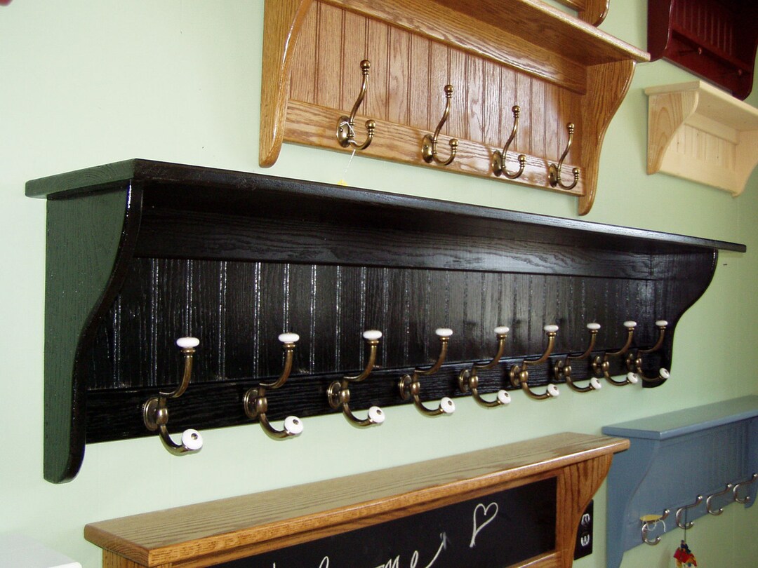 Red Oak Hallway Coat Rack Shelf: Brass & Porcelain Hooks - Etsy