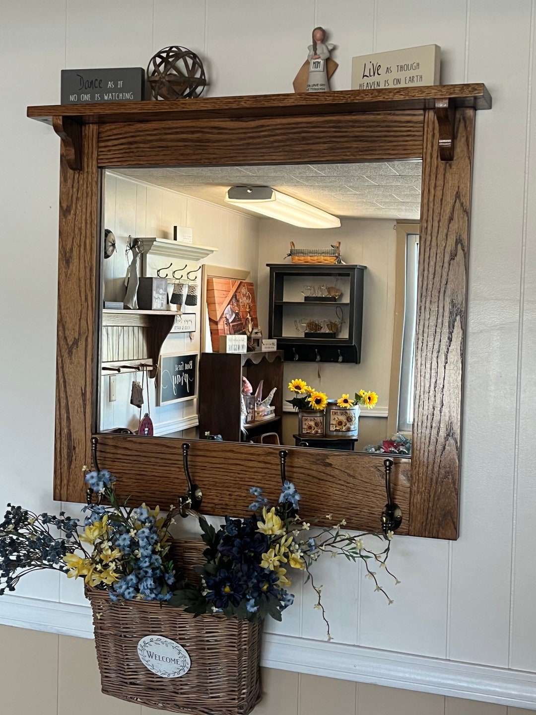 Mirror, Hallway Oak Mirror, Mirror With Coat Hooks, Entryway Mirror ...