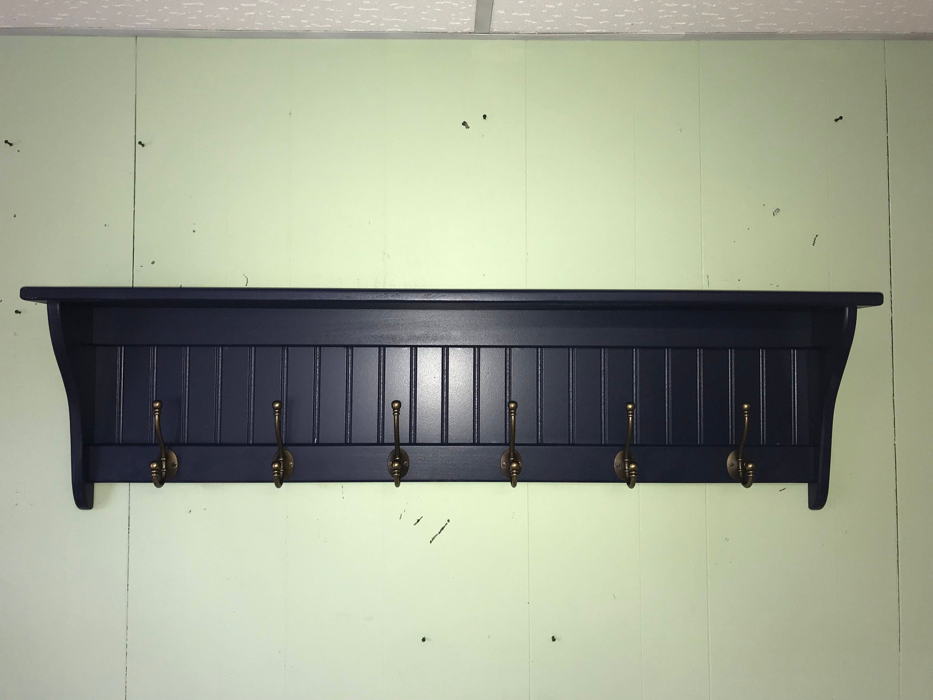 Navy Blue Coat Rack Shelf: Solid Pine Hallway Organizer With Antique ...