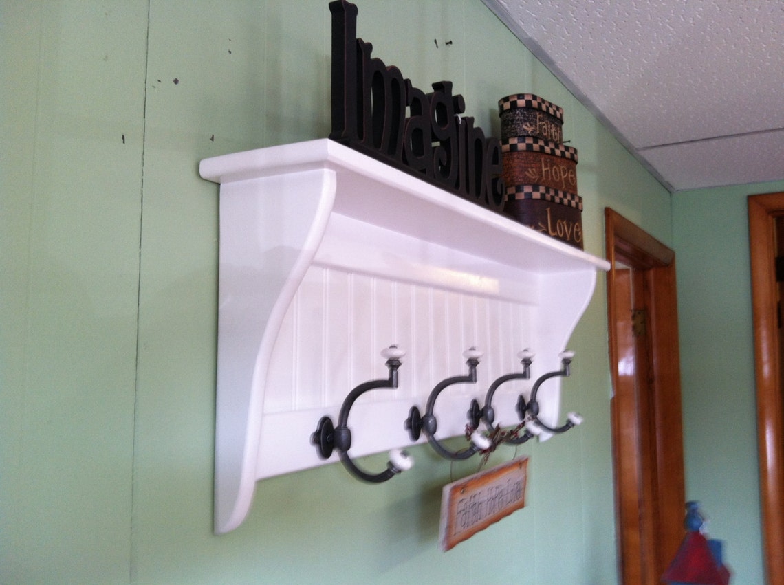 Wood Coat Rack Wall Shelf Pine Wall Rack Painted White With | Etsy