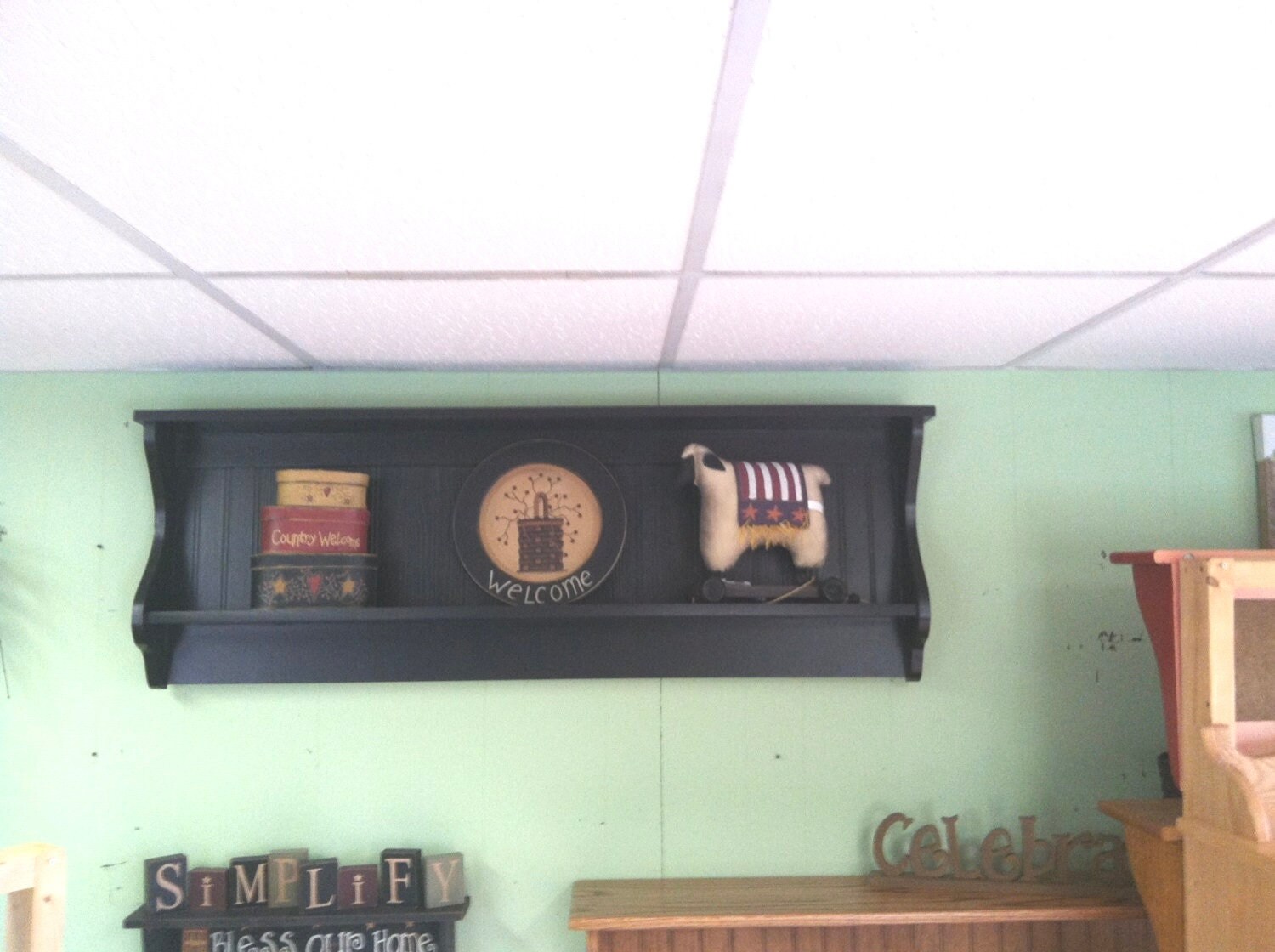 Primitive Black Wood Plate Rack: Country Wall Shelf Display (52x18x8 ...