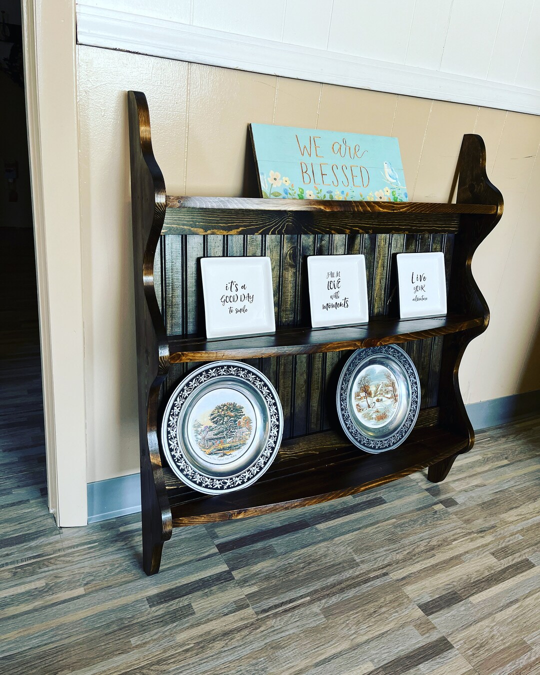 Large Plate Rack, Handmade Wood Wall Plate Rack, 3 Shelf Plate Rack ...