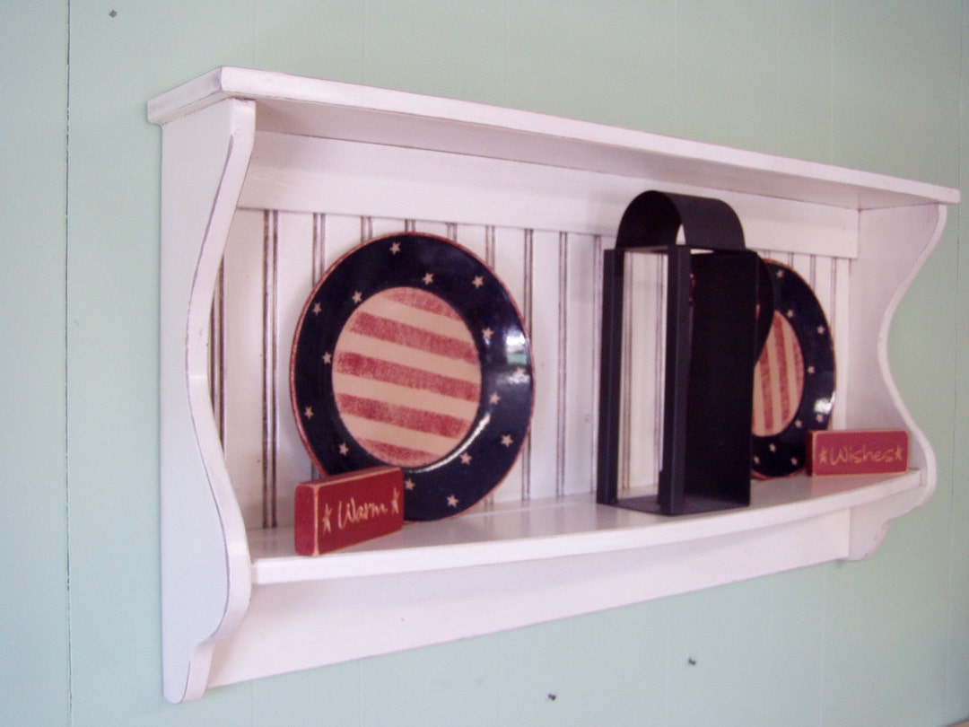 Primitive Country Shelf and Plate Rack Antiqued White Rustic Display ...