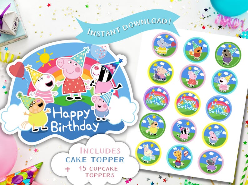 Peppa Pig Cake Topper 15 Cupcake Toppers Digital Print Peppa Pig Happy ...