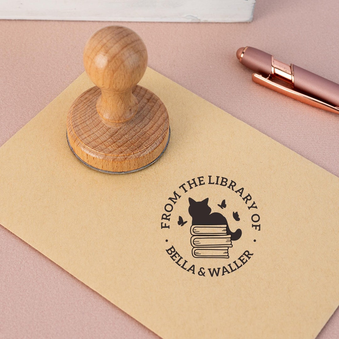 Cute Cat Book Stamp, Custom Library Stamp, Wood Rubber Stamp, From the ...