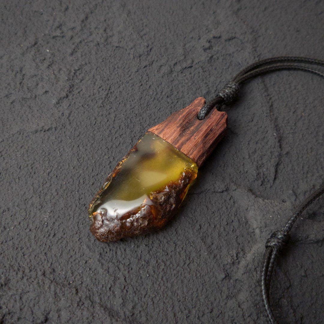 Raw Sumatran Blue Amber Necklace – Live Edge Rosewood Pendant – Rustic ...