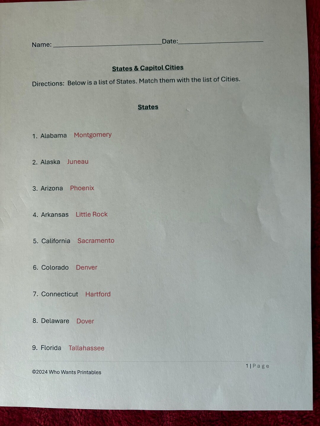 Printable Worksheet Packet - States and Capital Cities - Answer Key - Etsy
