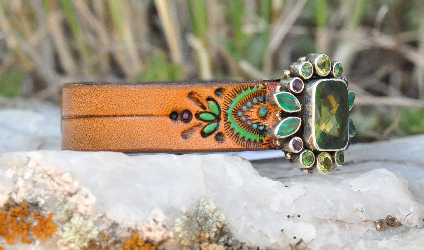 Leather Bracelet With Nicky Butler Ring, Stamped and Painted - Etsy
