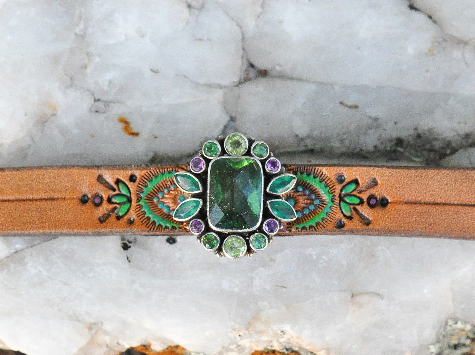Leather Bracelet With Nicky Butler Ring, Stamped and Painted - Etsy