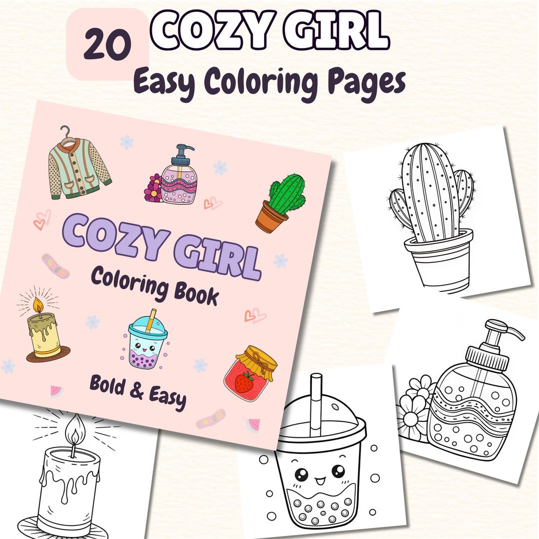 Cozy Girl Bold & Easy Coloring Pages | Set Four 20 Pages | Instant ...