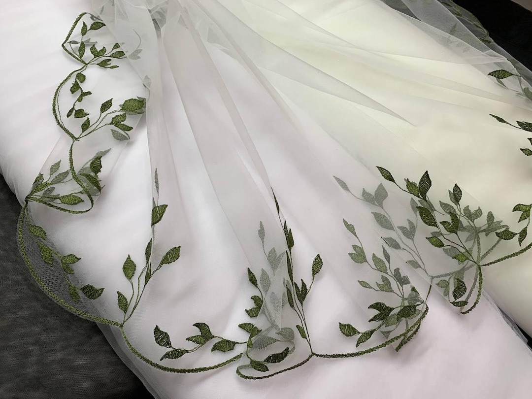 Wedding Veil Green. Green Veil With Embroidered Emerald Green Leaves in ...