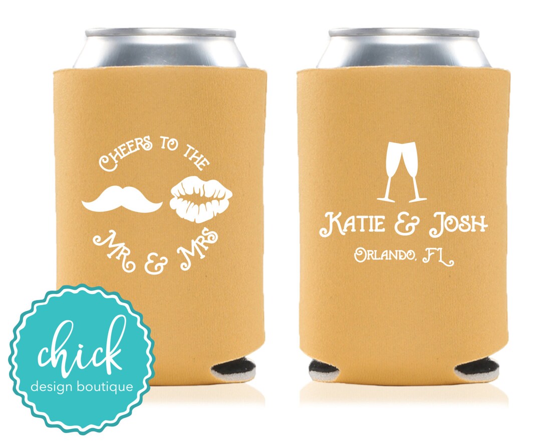Cheers to the Mr & Mrs Mustache Kiss Lips Custom Can Cooler ...