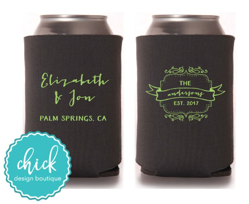 Last Name & Banner Flourish - Custom Can Cooler Personalized Wedding ...
