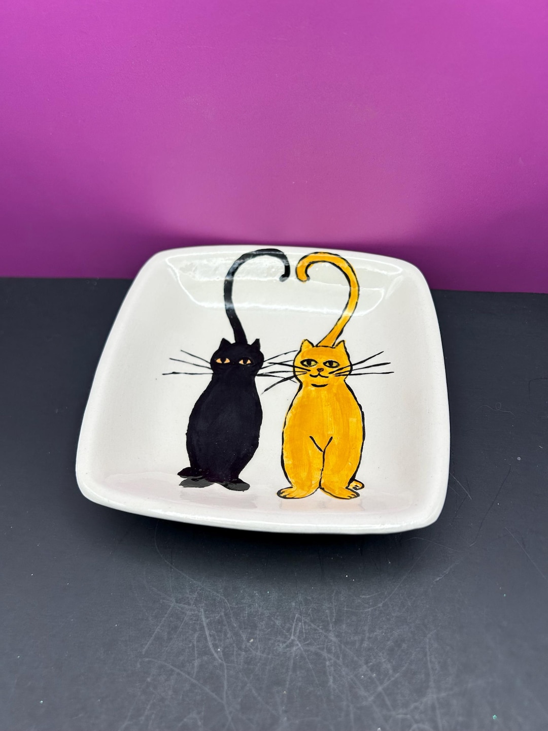 Heart Tail Cats | Black Cat | Orange Cat | Love Plate | Handmade | Hand ...