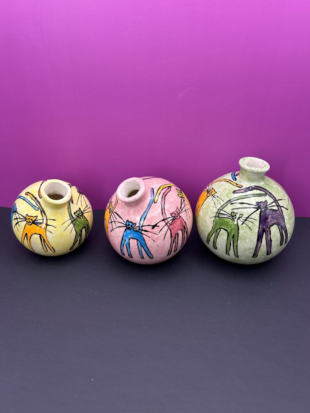 Set of 3 Handmade | Hand-painted Ceramic Cat Vases | Whimsical Mini ...