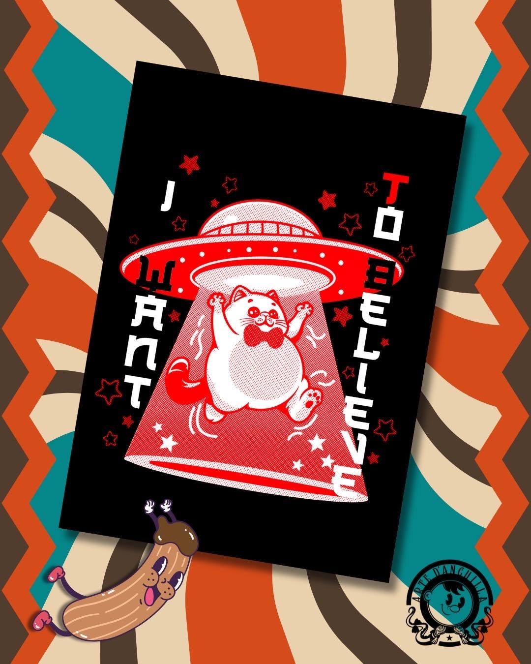 Poster I WANT TO BELIEVE Cartoon Wall Art, Cartoon Drawing, Ufo Cat ...