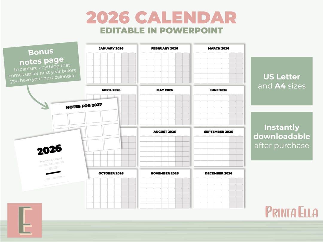 2026 Editable Calendar: Minimalist Powerpoint Template (digital ...