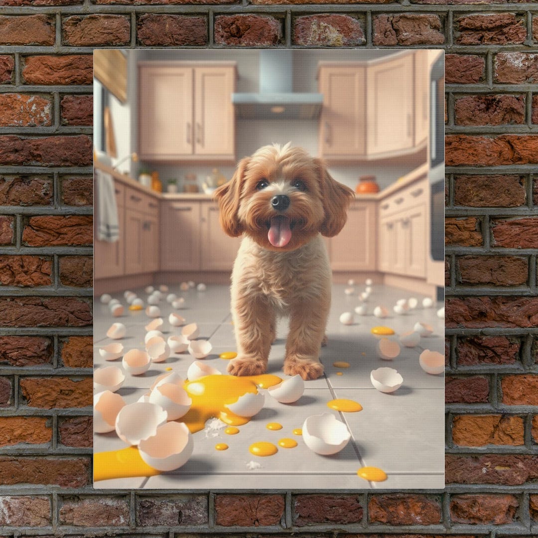 Canvas Wall Art, Cavapoo Caught in Kitchen Stretched Satin Canvas Print ...