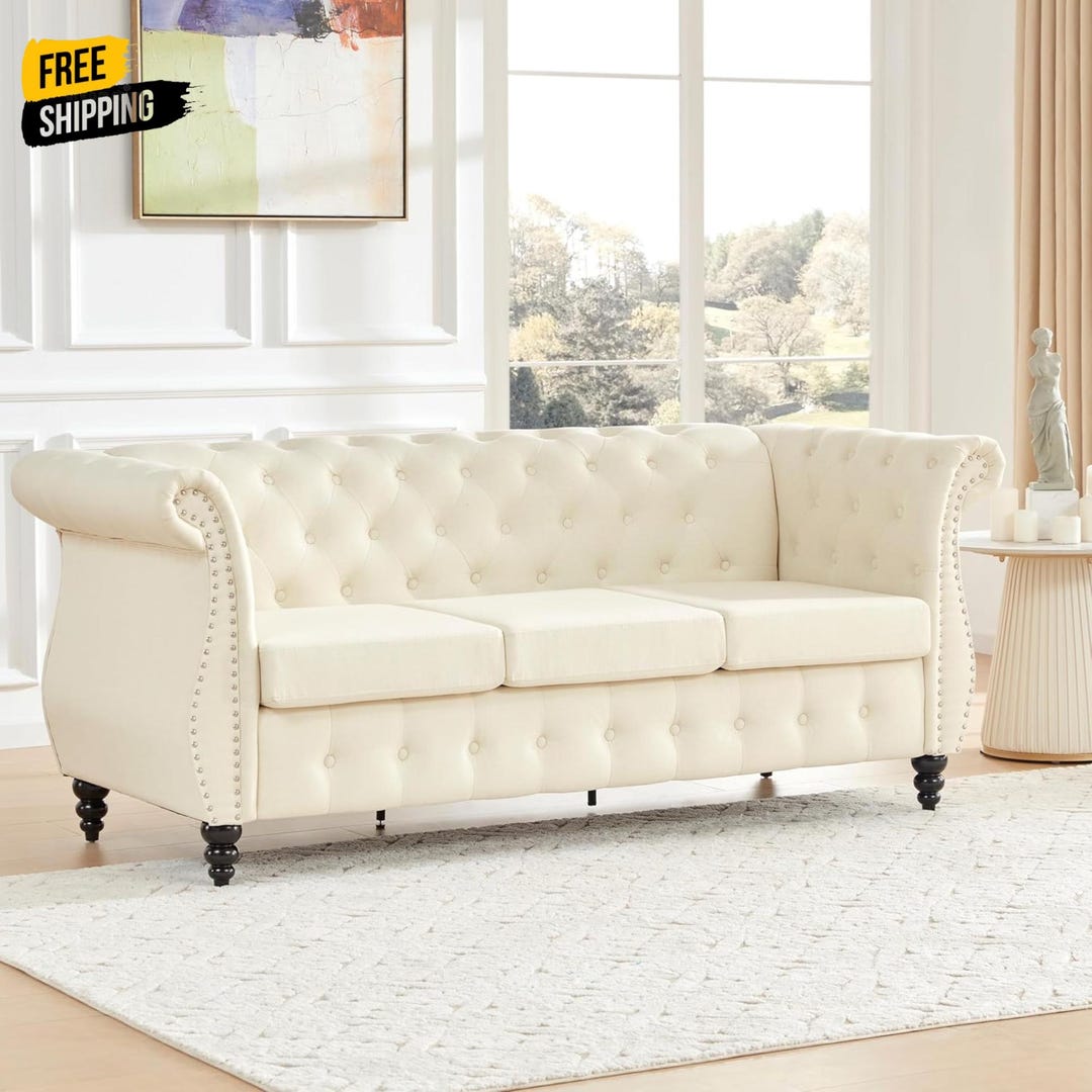 Classic Button Tufted Three-seater Sofa With Rolled Arms, Upholstered ...