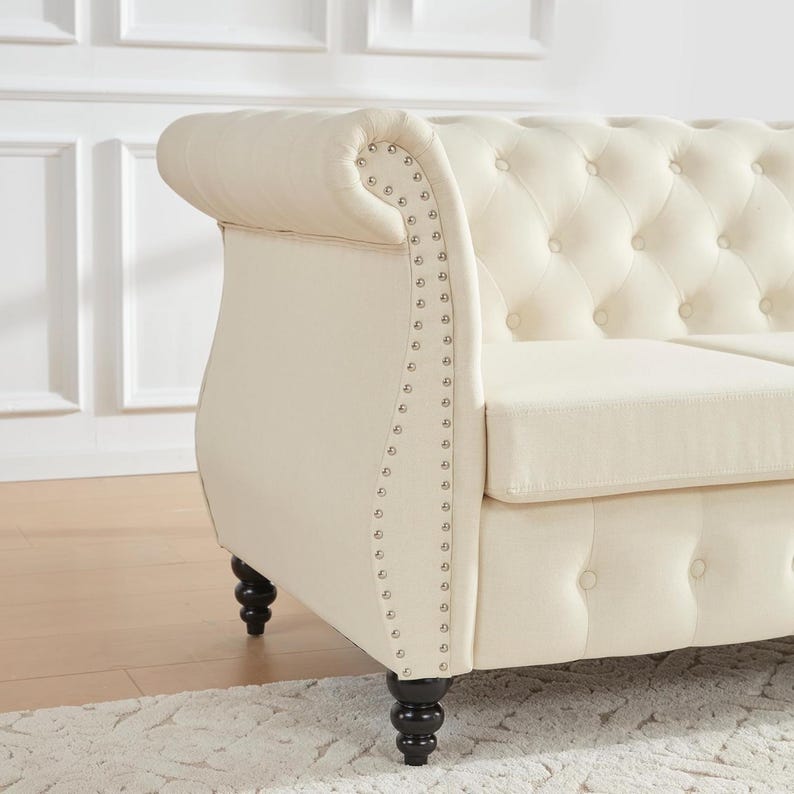 Classic Button Tufted Three-seater Sofa With Rolled Arms, Upholstered ...