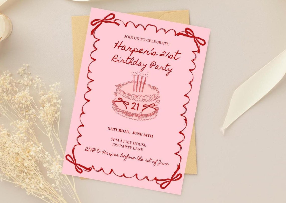 Retro Birthday Party Invitation Template, 70s Pink, Red Wavy, 21st ...