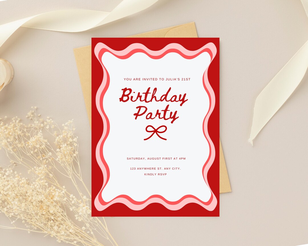 Wavy Birthday Party Invitation, Bday Template, Wavey Border, Squiggly ...